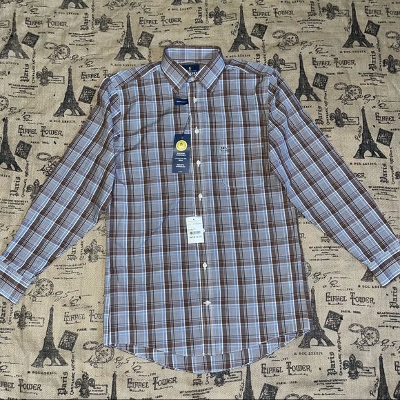Stafford | Shirts | Stafford Nwt Regular Fit Brownblue Plaid Long Sleeve Button Down Shirt ...